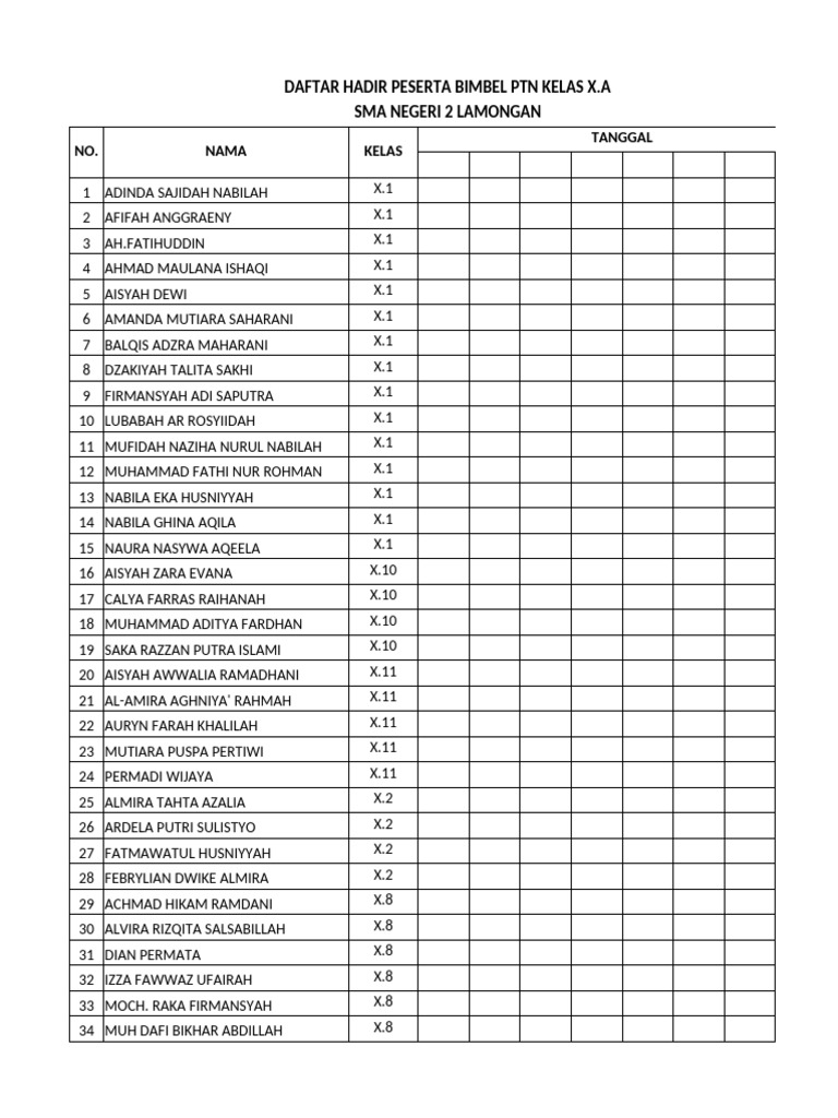 Daftar Hadir Bimbel PTN Kelas X | PDF