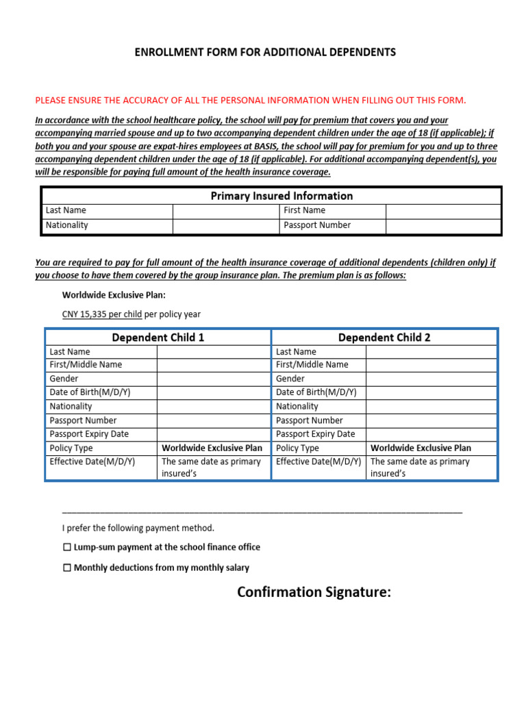 Enrollment Form for Additional Dependents | PDF