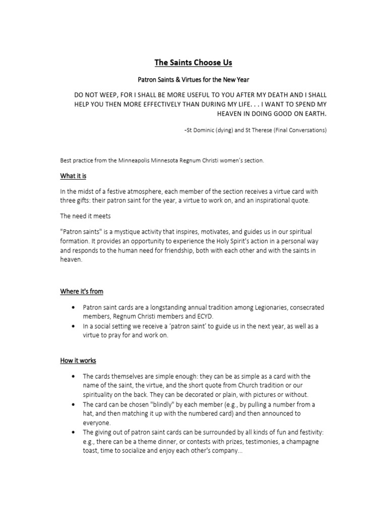 Patron Saints & Virtues for New Year | PDF