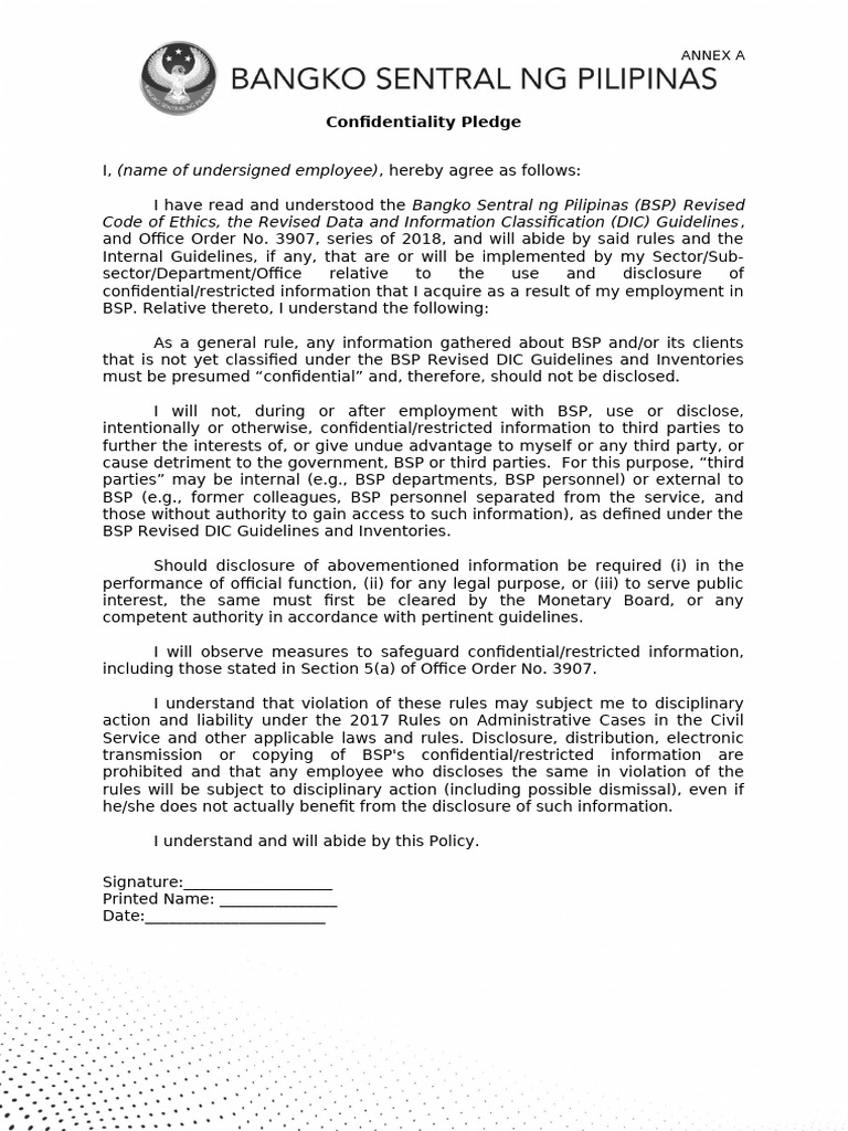 BSP Confidentiality Pledge Agreement | PDF | Information | Confidentiality