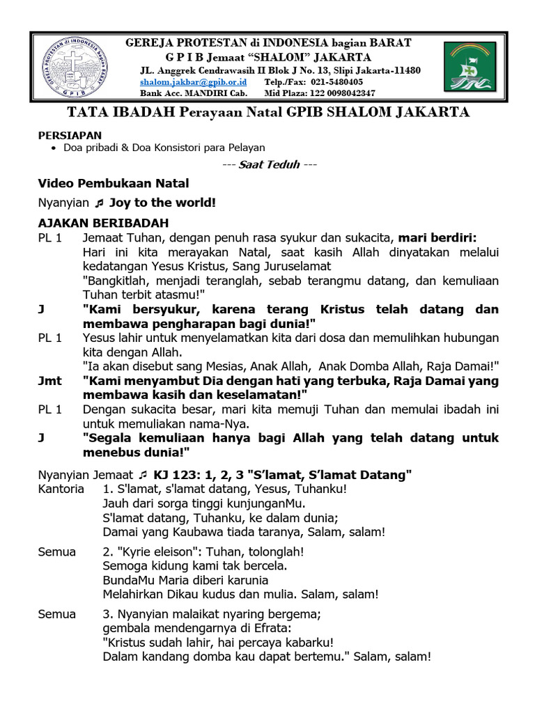 Ibadah Natal GPIB Shalom Jakarta | PDF