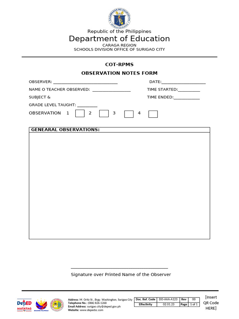 Cot Observation Notes Form | PDF