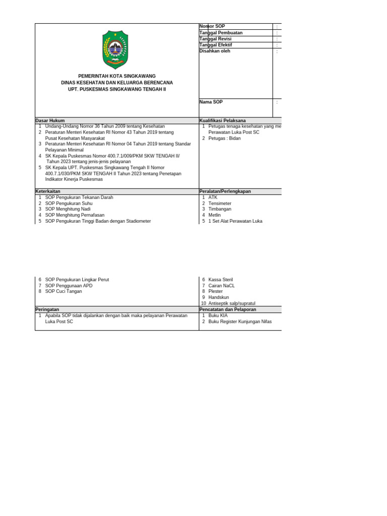 SOP Perawatan Luka Post SC Puskesmas | PDF