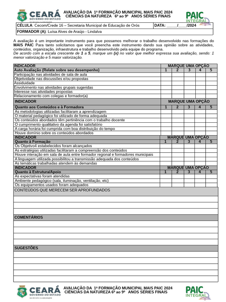Avaliação Formação MAIS PAIC 2024 | PDF | Pedagogia | Aprendizado
