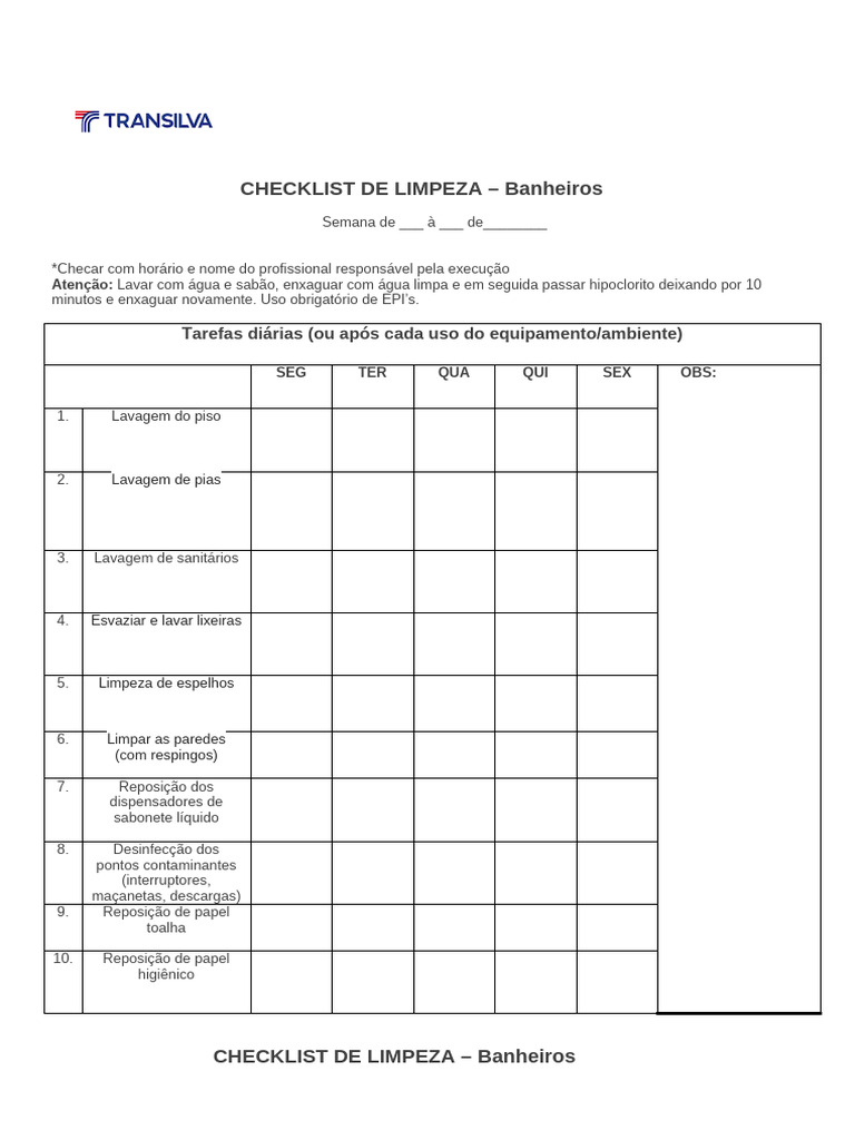 Checklist de Limpeza Banheiros | PDF