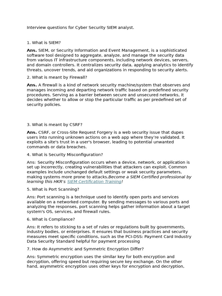 Interview Questions For Cyber Security SIEM Analyst | PDF | Security | Computer Security