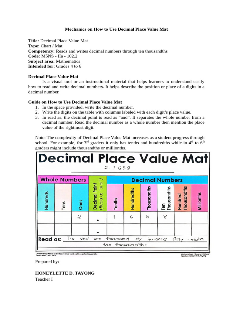 Mechanics On How To Use Decimal Place Value Mat | PDF