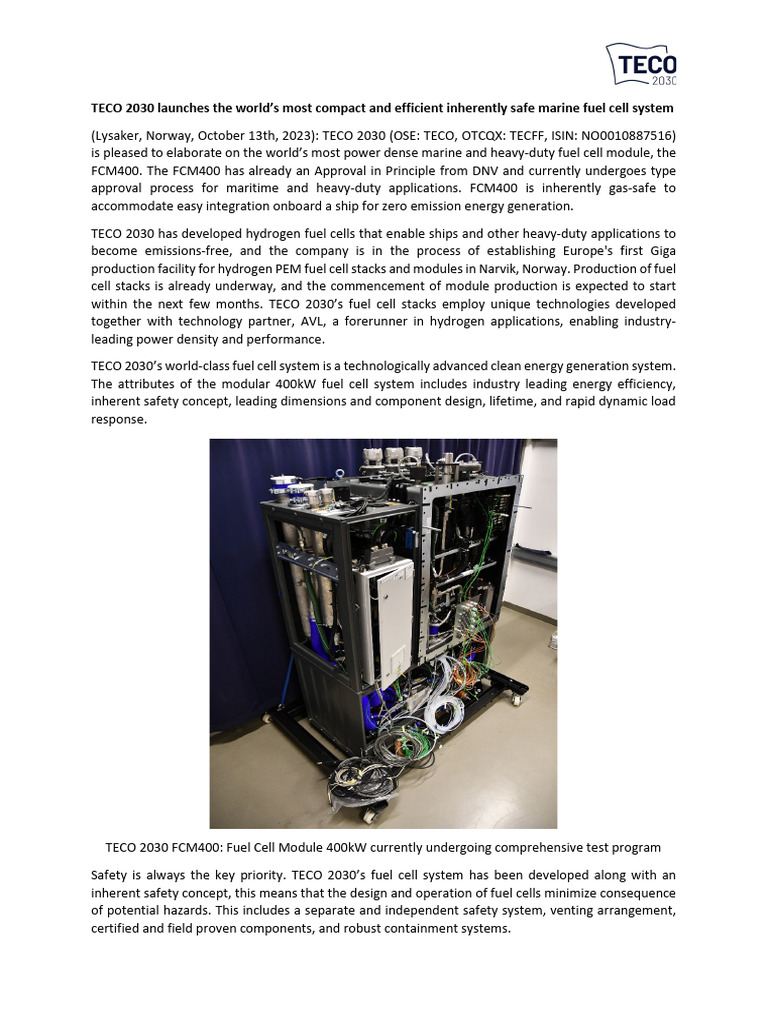 TECO 2030 Launches Its World-Leading Fuel Cell Technology | PDF | Fuel ...