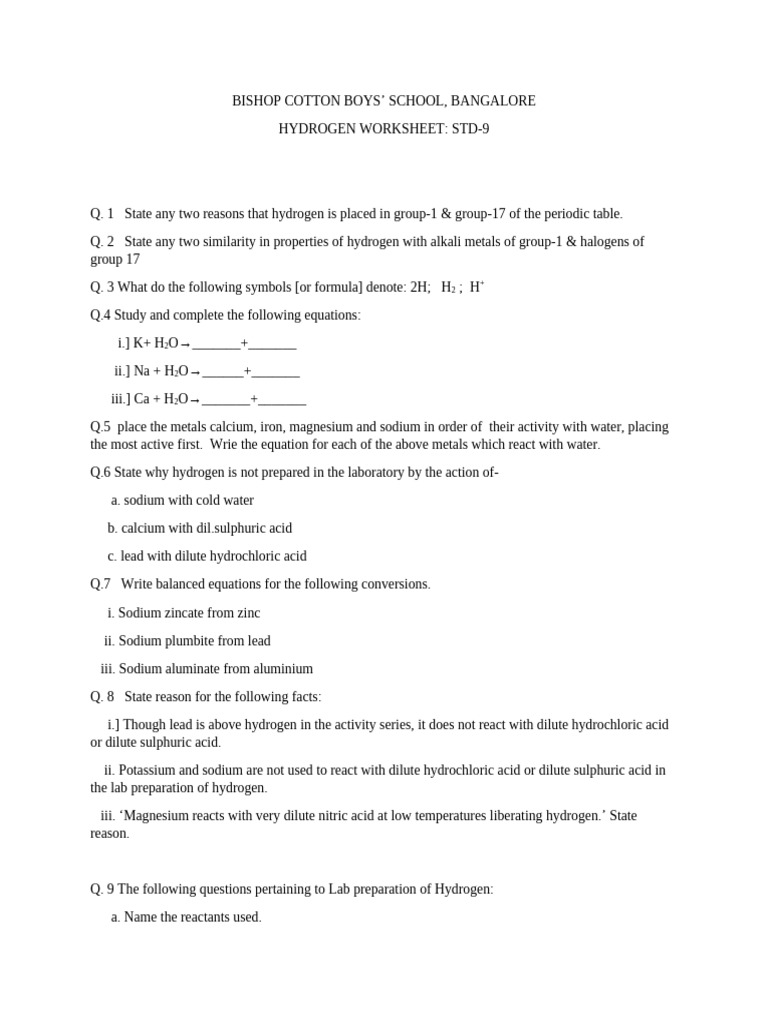 Hydrogenworksheet STD 9 | PDF | Chemical Reactions | Redox