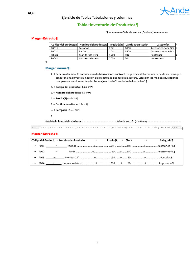 Ejercicio de Tablas Tabulaciones y Columnas | PDF