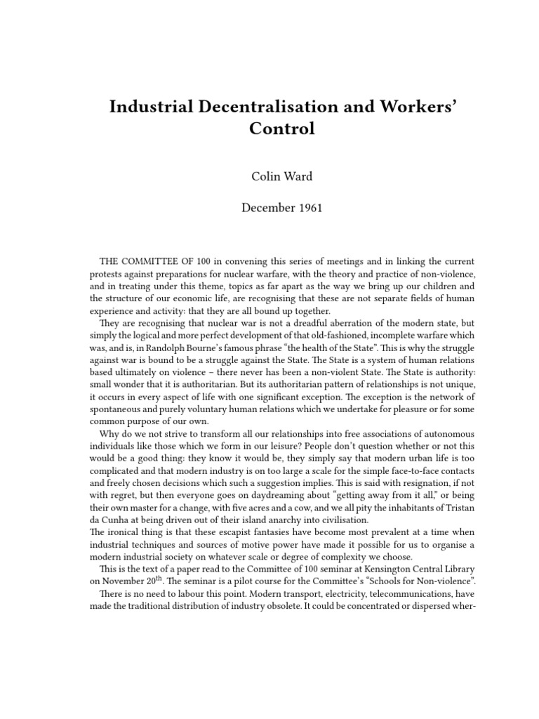 Colin Ward Industrial Decentralisation and Workers Control | PDF ...