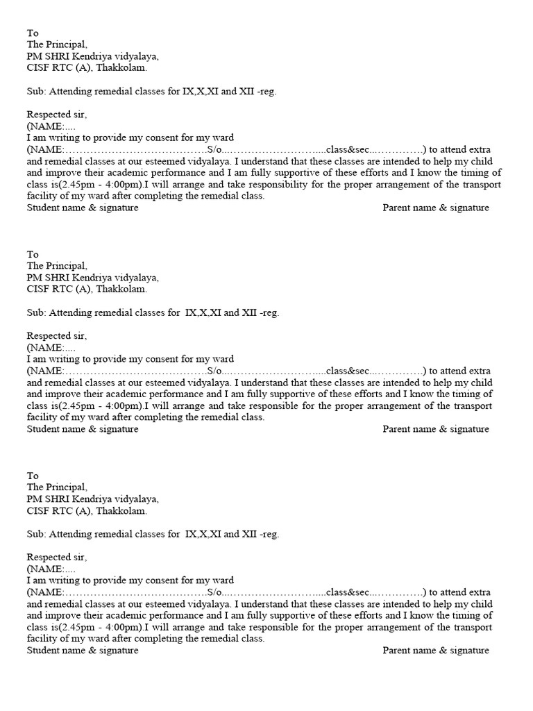 Consent Letter For Extra Classs | PDF