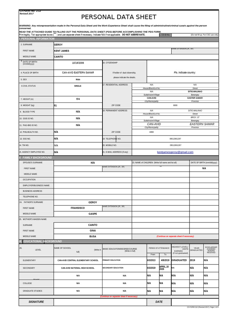 Personal Data Sheet Template Guide | PDF | Government | Justice