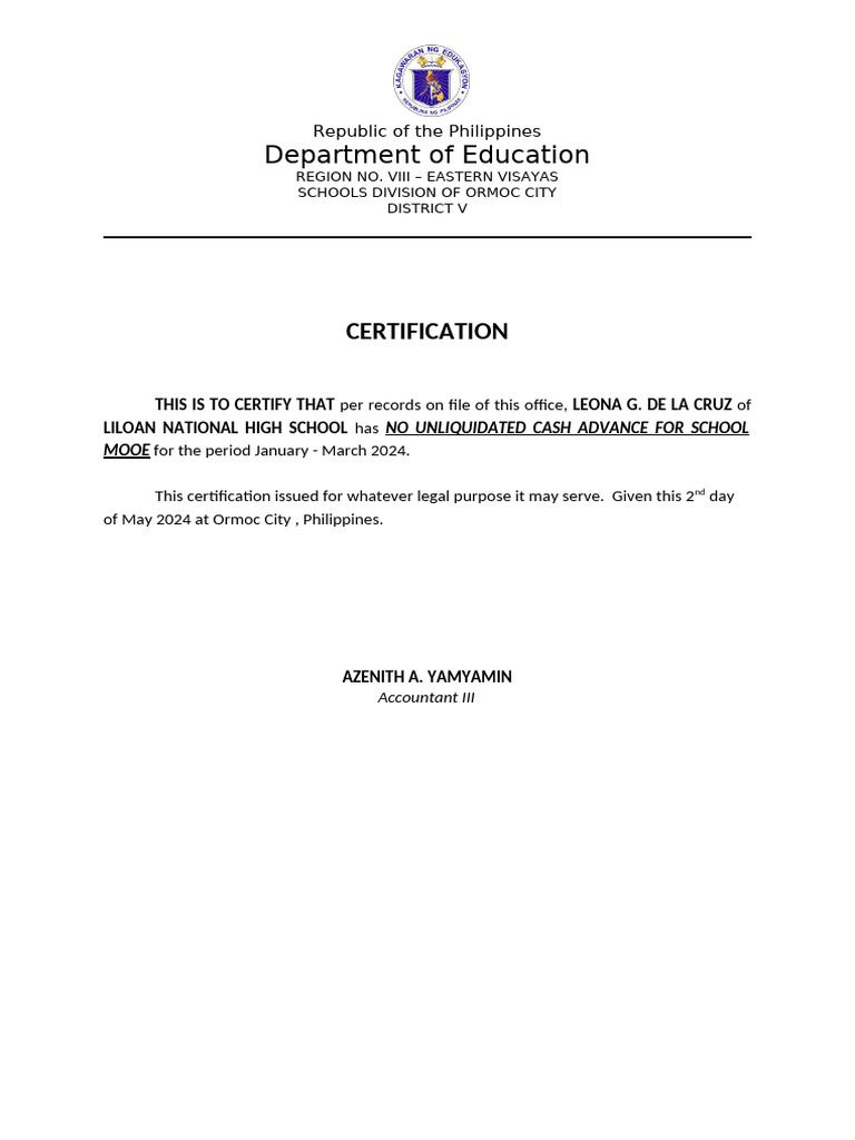 Certification of No Unliquidated | PDF