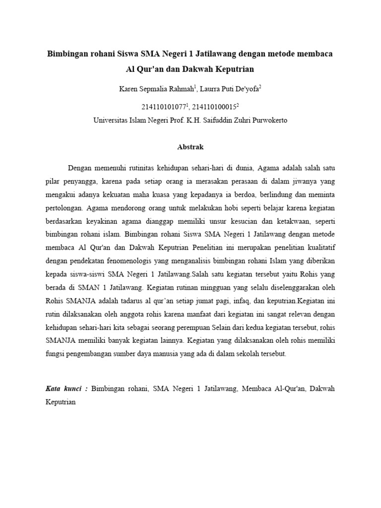 Bimbingan Rohani Siswa SMA Jatilawang | PDF