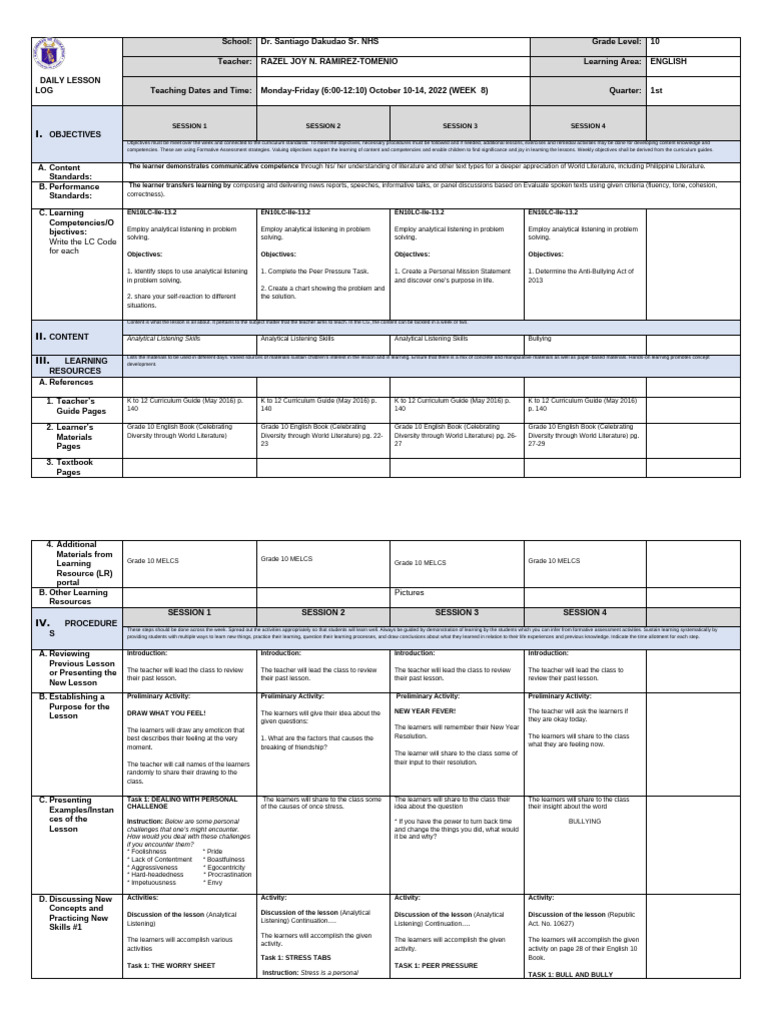 Grade 10 English Lesson Plan: Analytical Listening | PDF | Learning ...