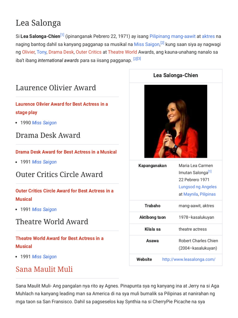 Lea Salonga - Wikipedia, Ang Malayang Ensiklopedya | PDF