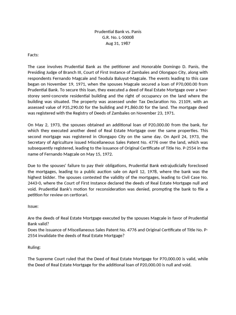 Prudential Bank vs. Magcale: Mortgage Validity | PDF | Mortgages | Deed