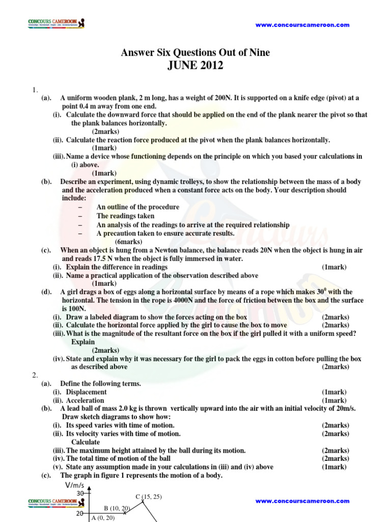 June 2012 Physics Ordinary Level Paper 2 WWW Concourscameroon Com | PDF ...