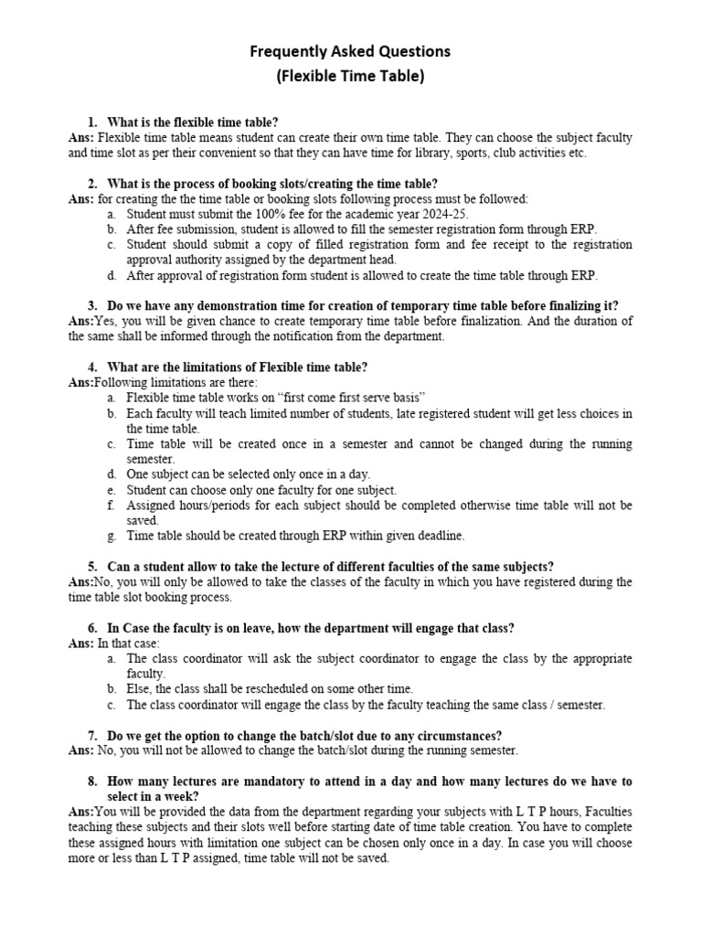 Flexible Time Table FAQs for Students | PDF