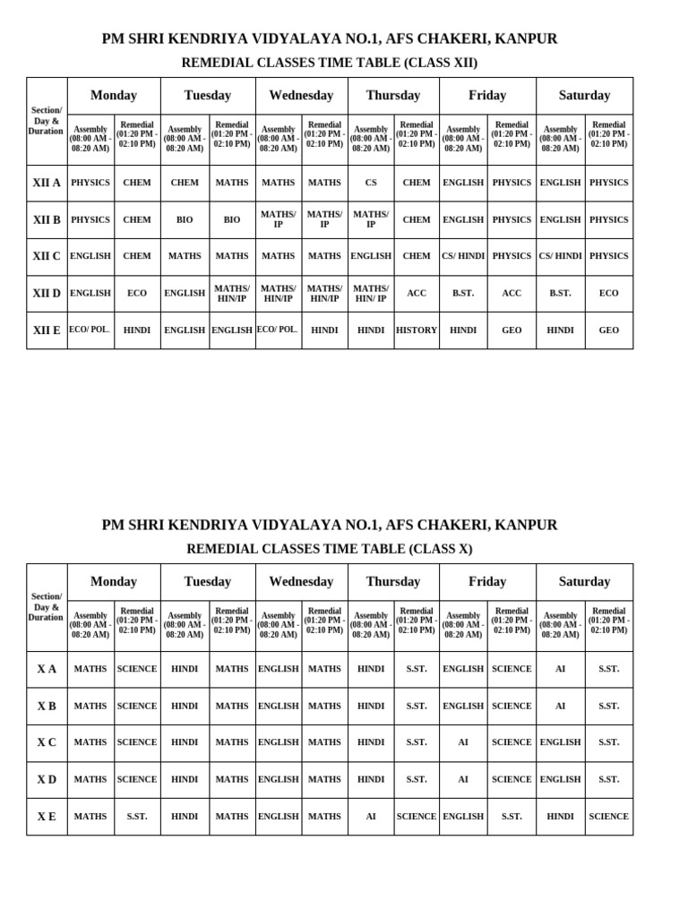 Remedial Classes Timetable for Classes X & XII | PDF