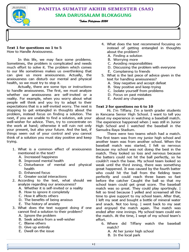 Soal Eng KLS X 2024 - Siti Khotijah | PDF | Foods | Meal