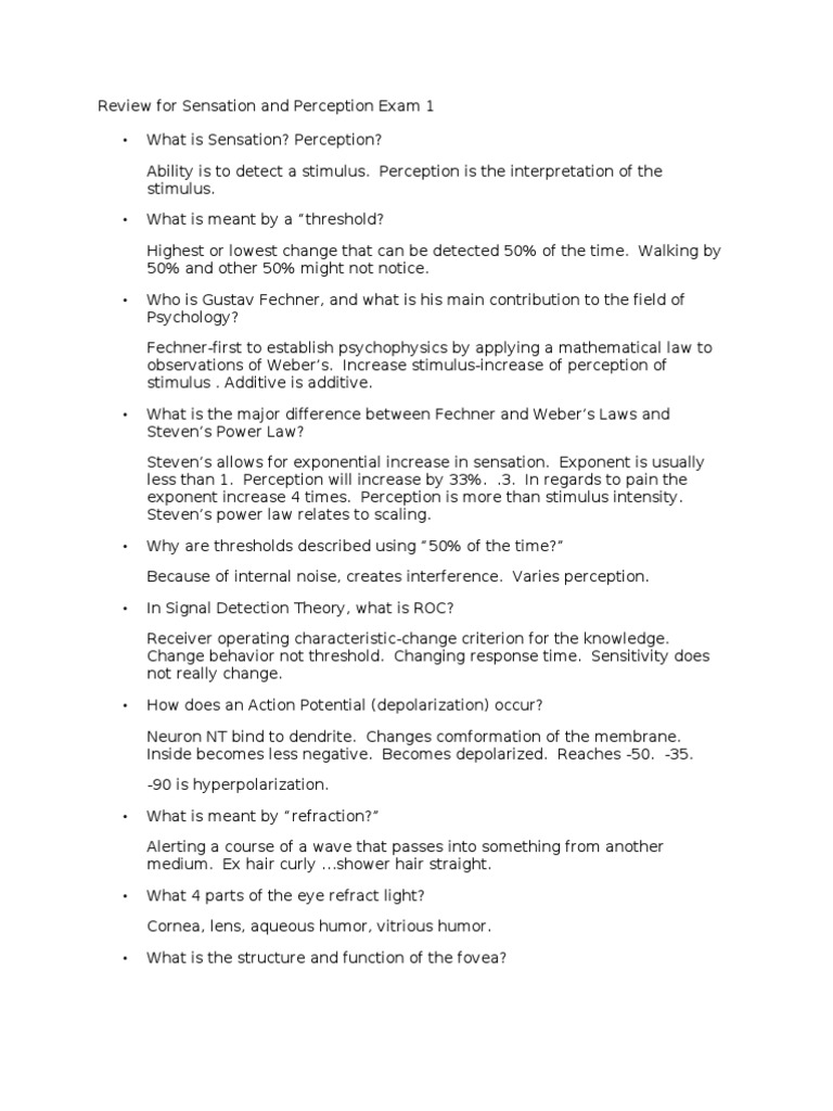 Sensation and Perception Exam 1 Study Guide | PDF | Visual System | Retina