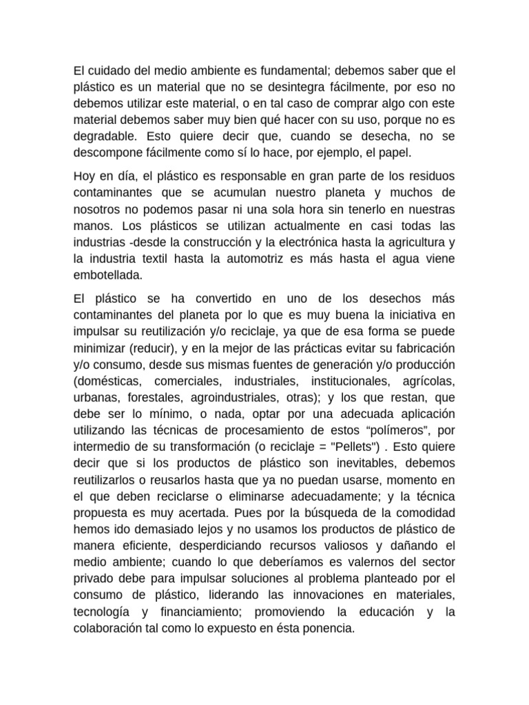 El Cuidado Del Medio Ambiente Es Fundamental | PDF | El plastico ...