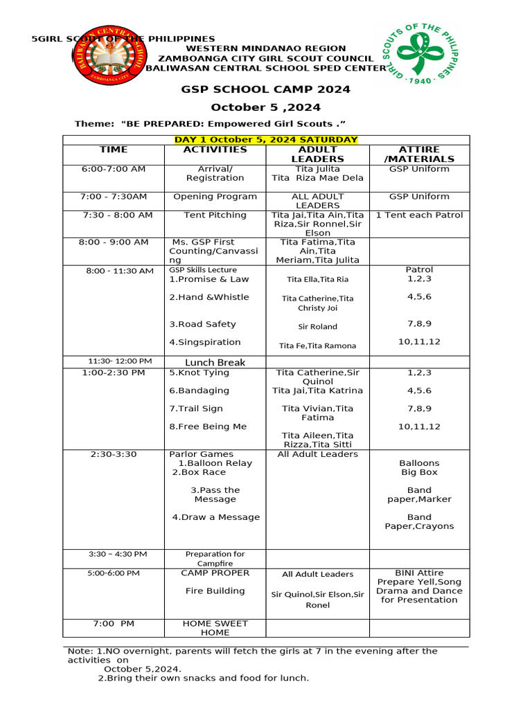 GSP Camp School Based Schedule of Activities | PDF | Outdoor Recreation ...