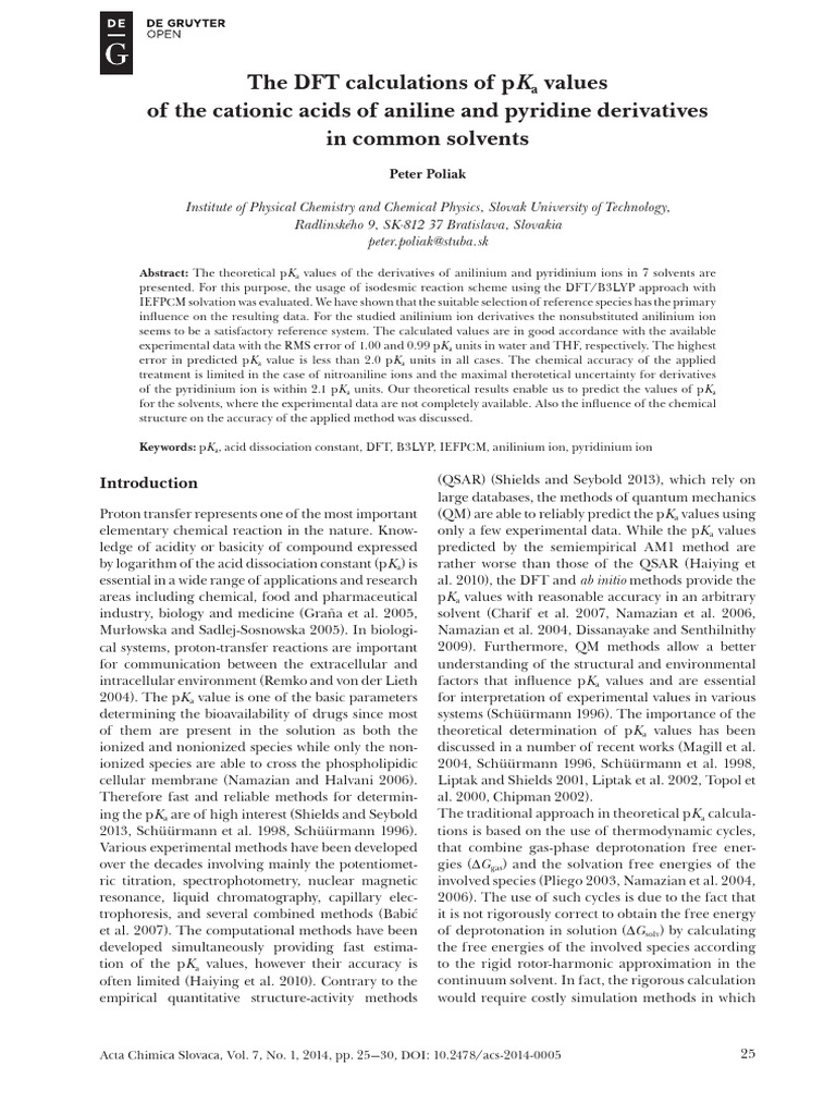 The DFT Calculations of Pka Values of The Cationic Acids of Aniline and ...