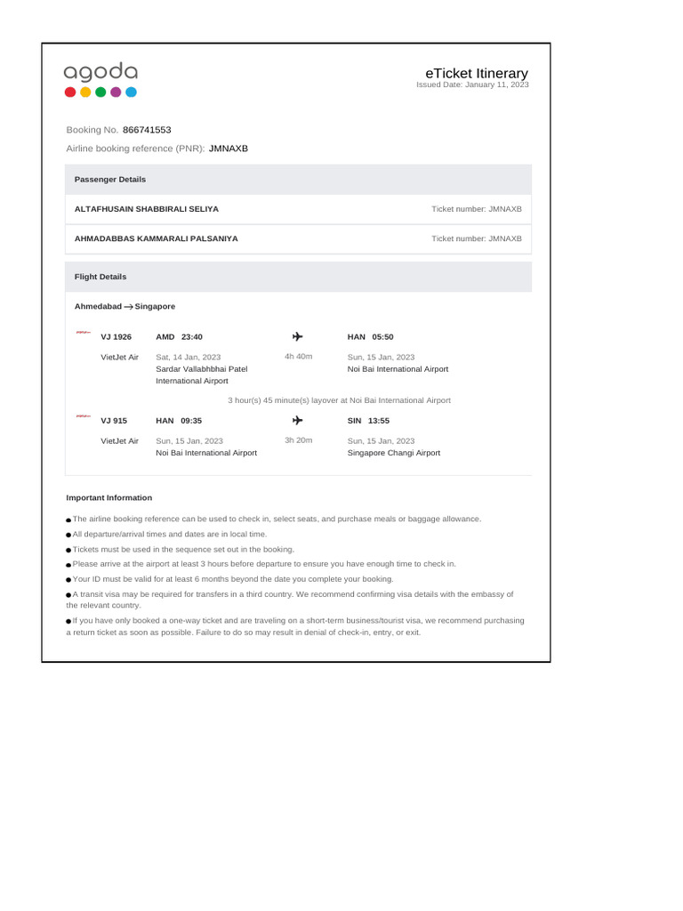 Agoda Booking ID 866741553 Eticket | PDF