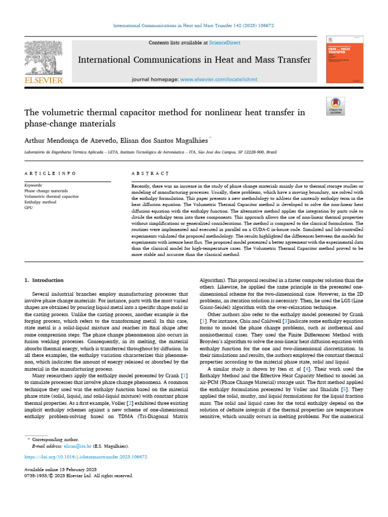 The Volumetric Thermal Capacitor Method For Nonlinear Heat Transfer in ...