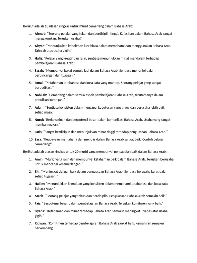 Berikut adalah 10 ulasan ringkas untuk murid cemerlang dalam Bahasa Arab | PDF