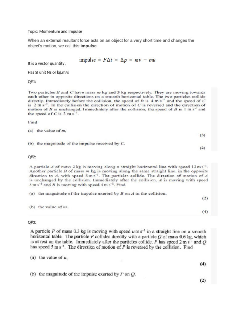 Worksheet Impulse and Momentum | PDF
