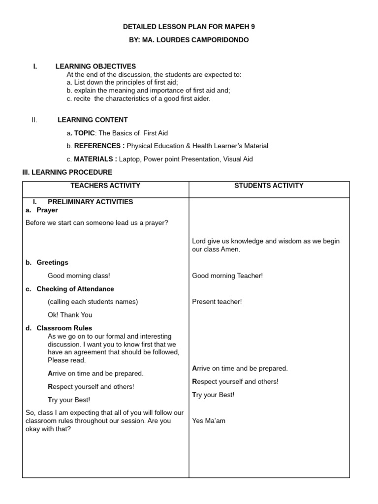 First Aid Basics Lesson Plan for MAPEH 9 | PDF | First Aid | Emergency