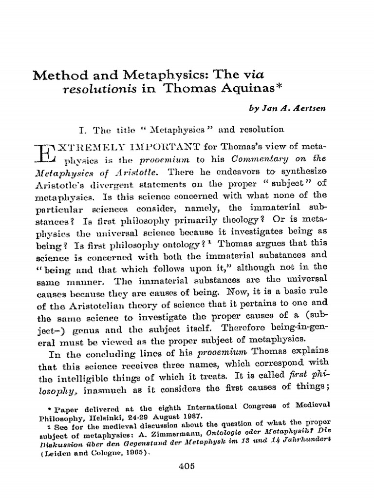 Aertsen. Method and Metaphysics. The Via Resolutionis in Thomas Aquinas ...
