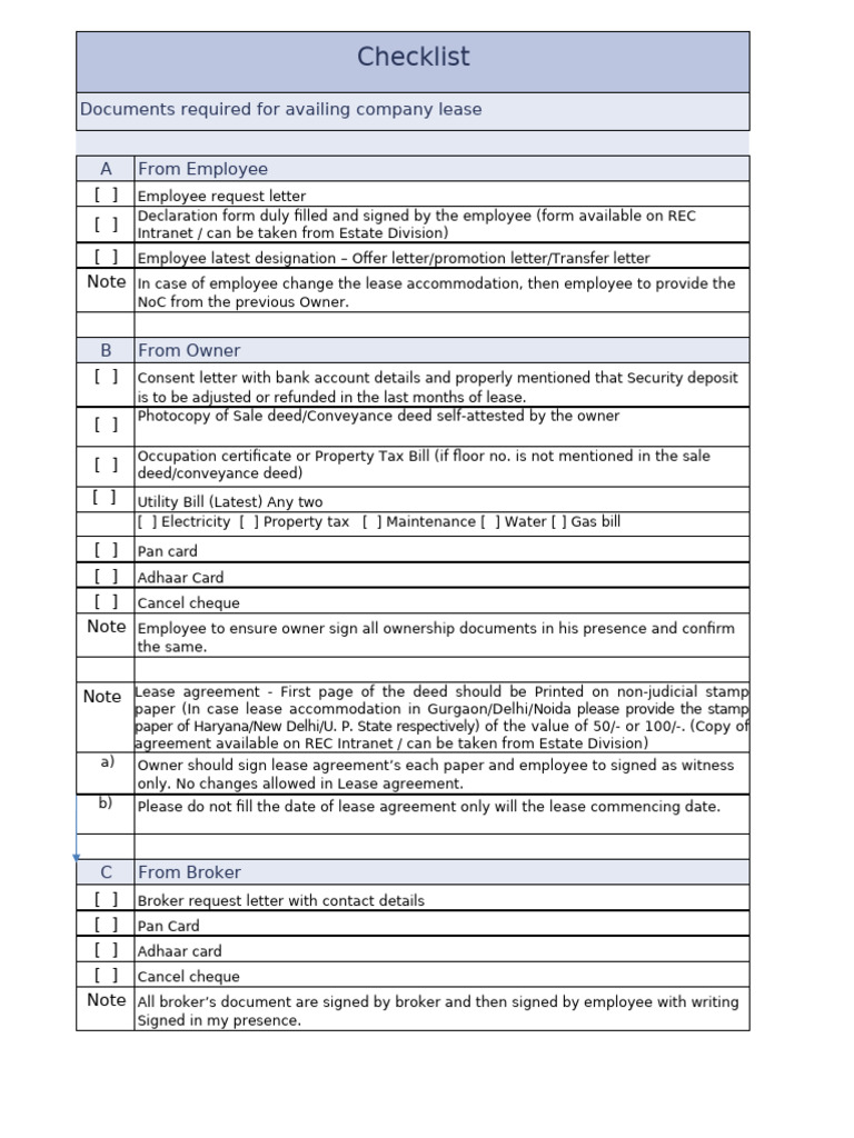 Company Lease Document Checklist | PDF