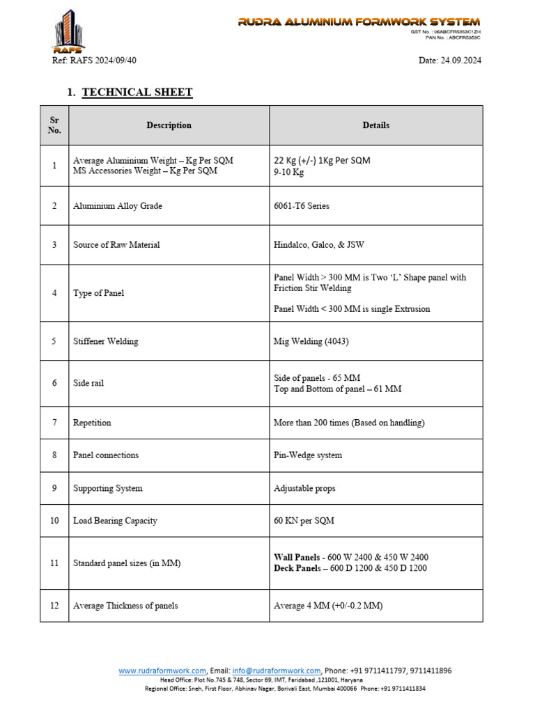 Aluminum Formwork Specs | PDF