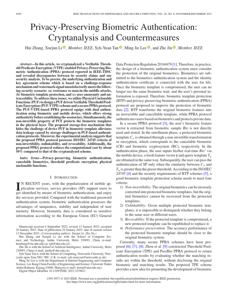 Privacy-Preserving Biometric Authentication Cryptanalysis and Countermeasures | PDF | Biometrics ...