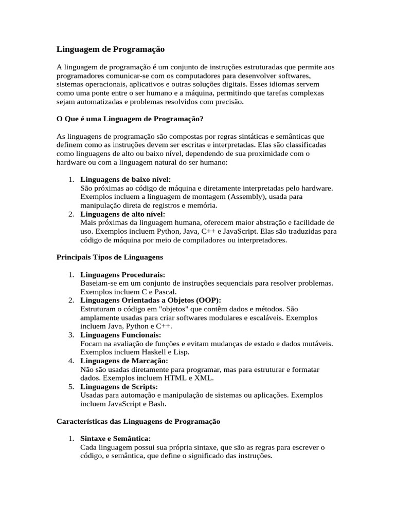 Tipos e Importância das Linguagens de Programação | PDF | Linguagem de ...