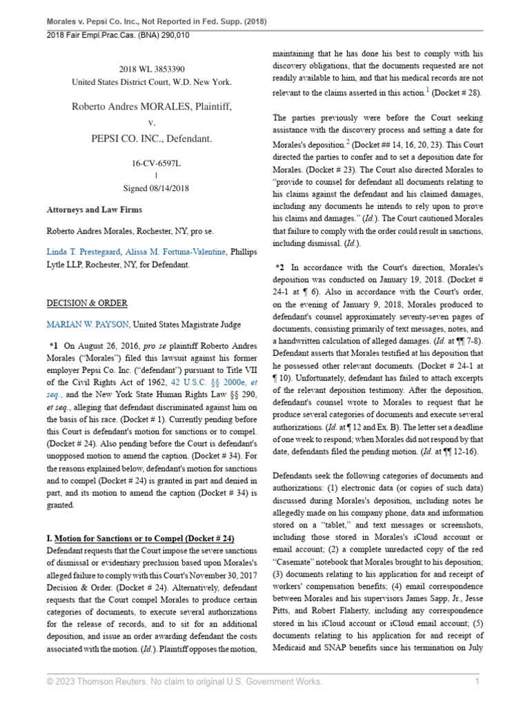Morales v Pepsi Co Inc | PDF | Deposition (Law) | Lawsuit