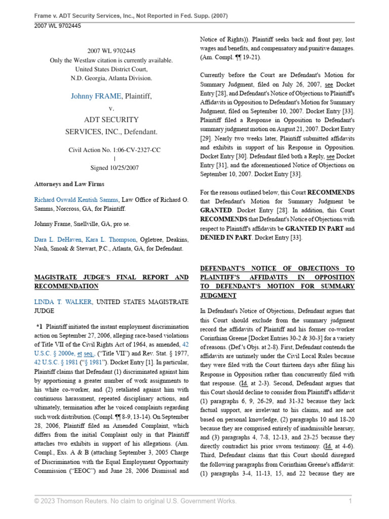 Frame v ADT Security Services Inc | PDF | Summary Judgment | Hearsay