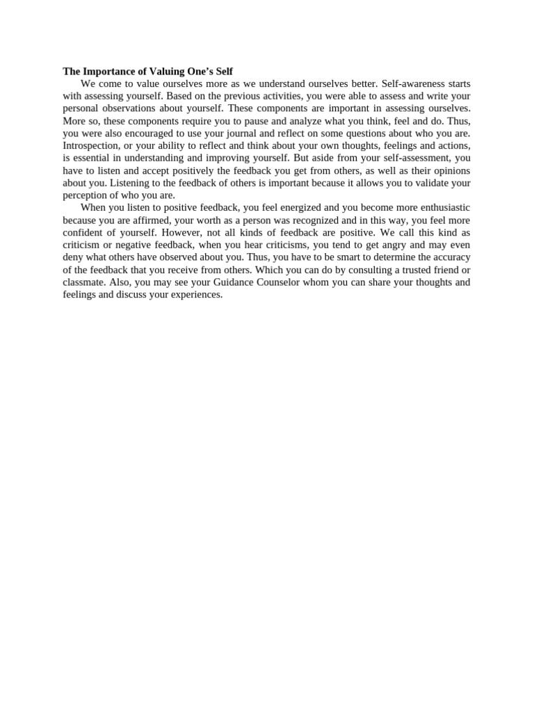 The Importance of Valuing One | PDF