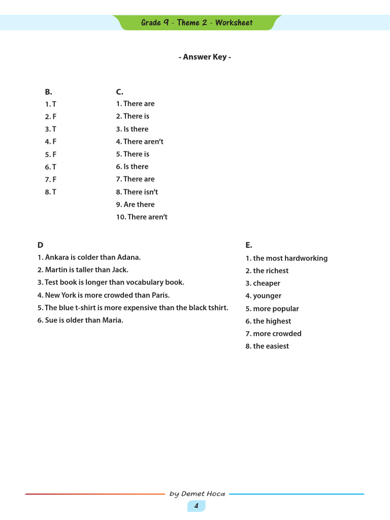 Grade 9 Theme 2 Worksheet Answer Key | PDF