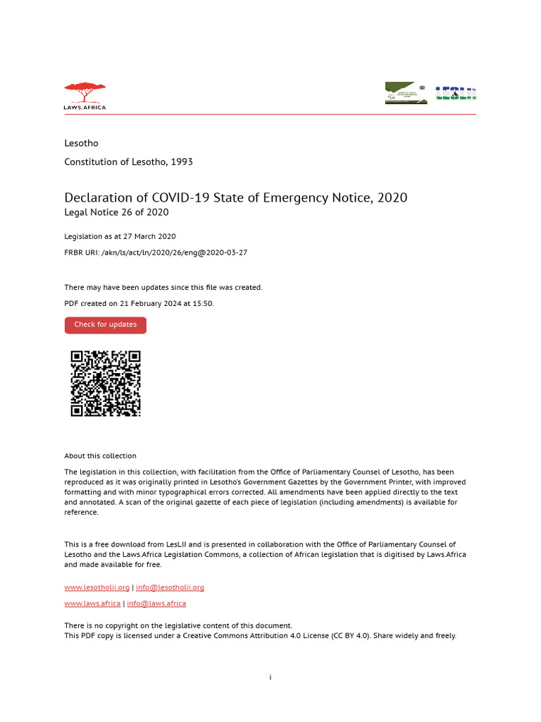 Lesotho COVID-19 Emergency Declaration | PDF | State Of Emergency ...