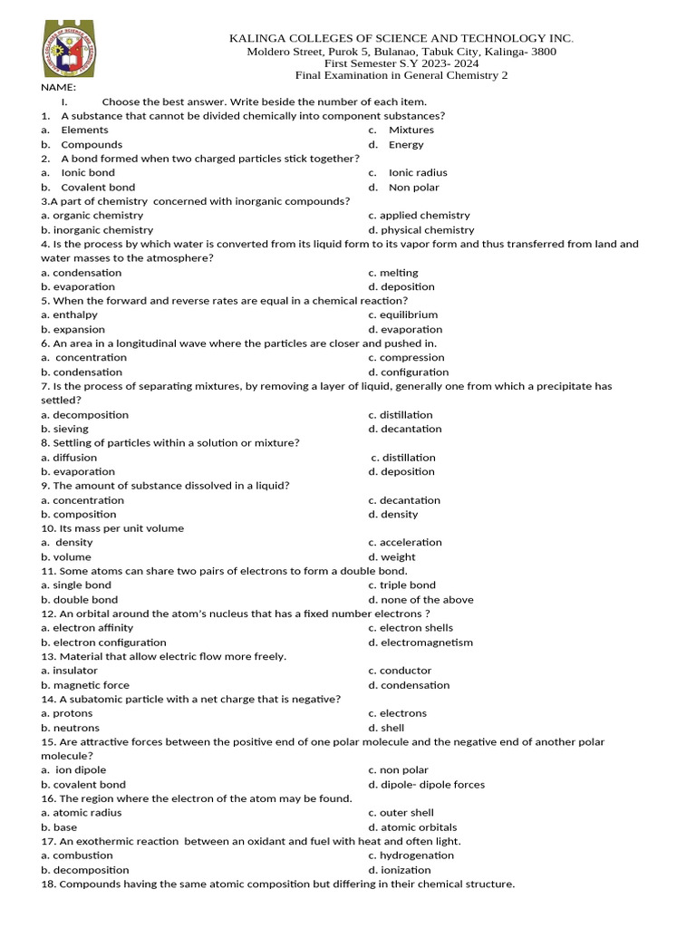 General Chemistry 2 Final Exam 2023 | PDF | Chemical Bond | Chemical ...