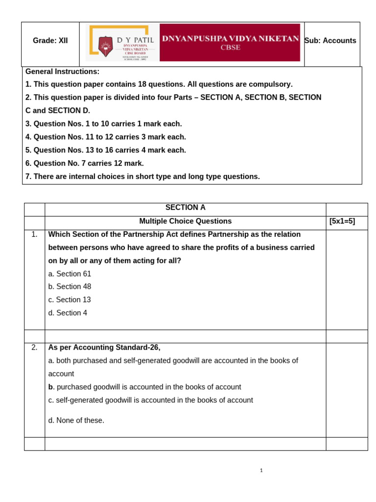 Grade 12 Accountancy Revision Worksheet | PDF | Book Value | Partnership