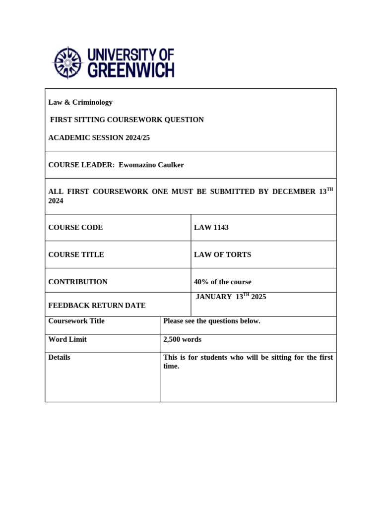 Final Tort Law Coursework First Sitting | PDF | Justice | Crime & Violence