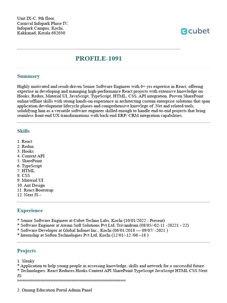 Senior Software Engineer Profile - React Expert | PDF