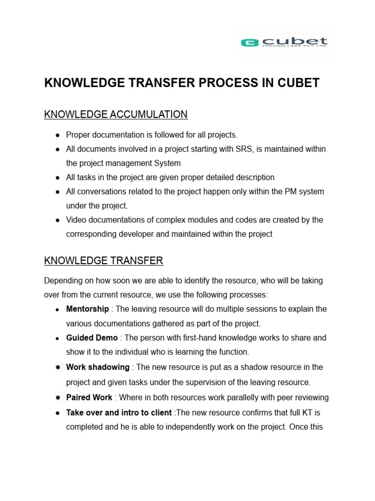 Knowledge Transfer Process at Cubet | PDF